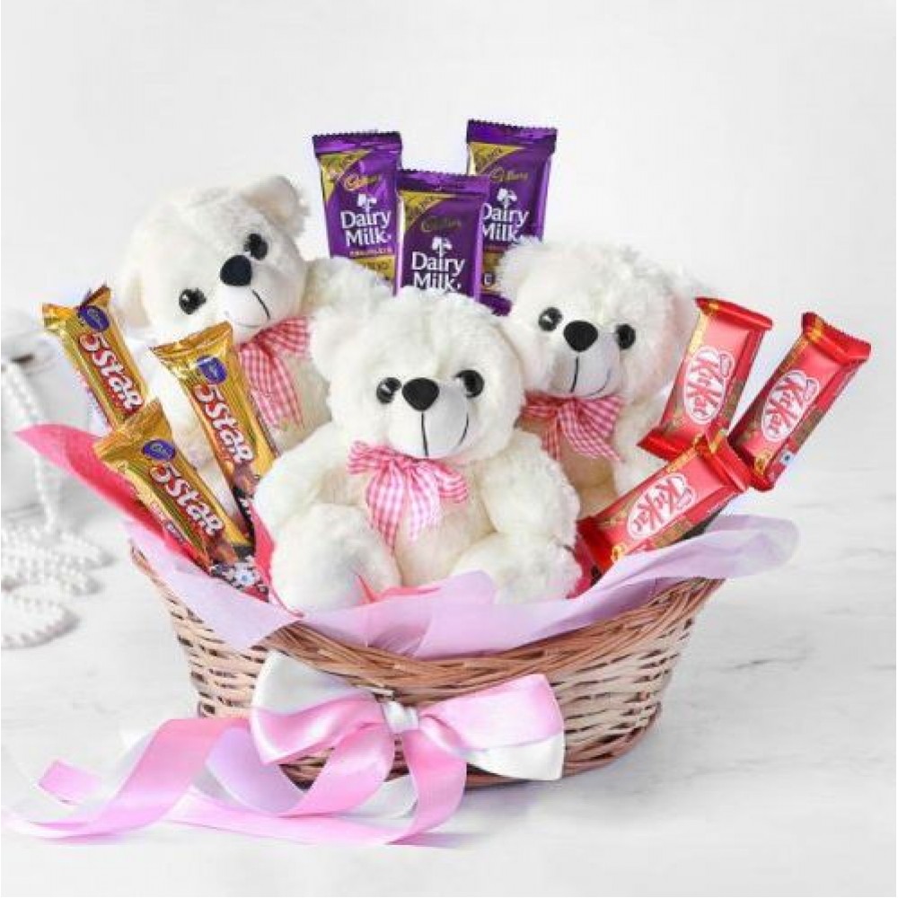 Teddy Choco Basket | Cute Teddy and Chocolate Basket Delivery in Hyderabad