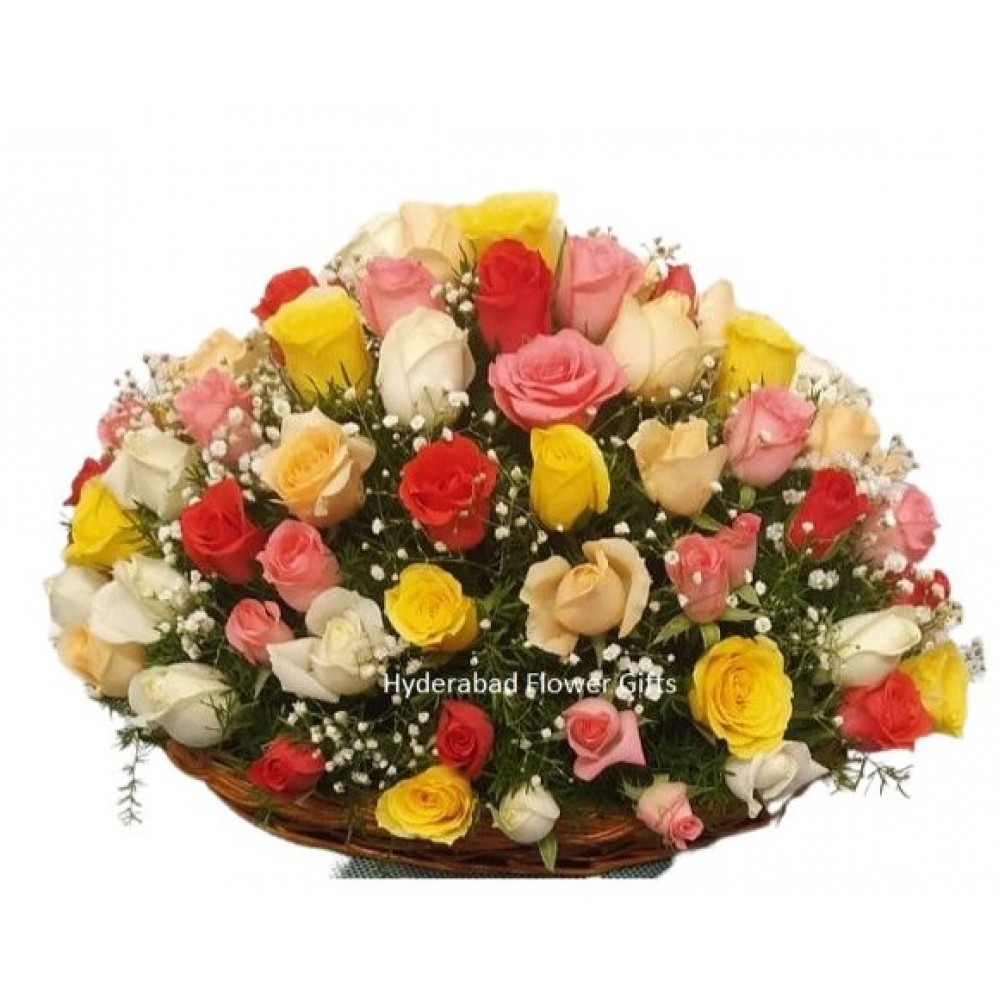 100 Mix Roses Basket | Online Delivery Hyderabad | Hyderabad Flower Gifts